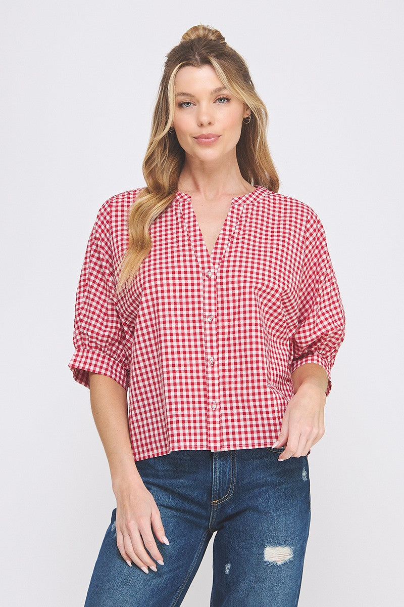 Gingham Button Up Top in Red – ALLUV PLACE